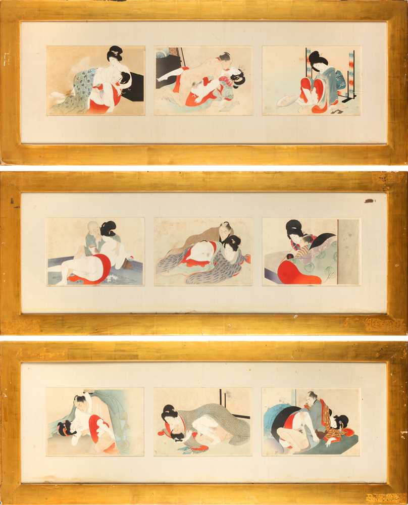 Lot 485 - A SET OF NINE JAPANESE SHUNGA PAINTINGS