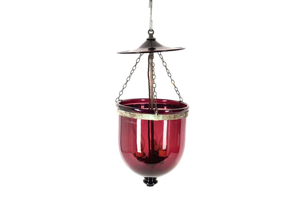 Lot 209 - A VICTORIAN CRANBERRY GLASS HUNDI LANTERN
