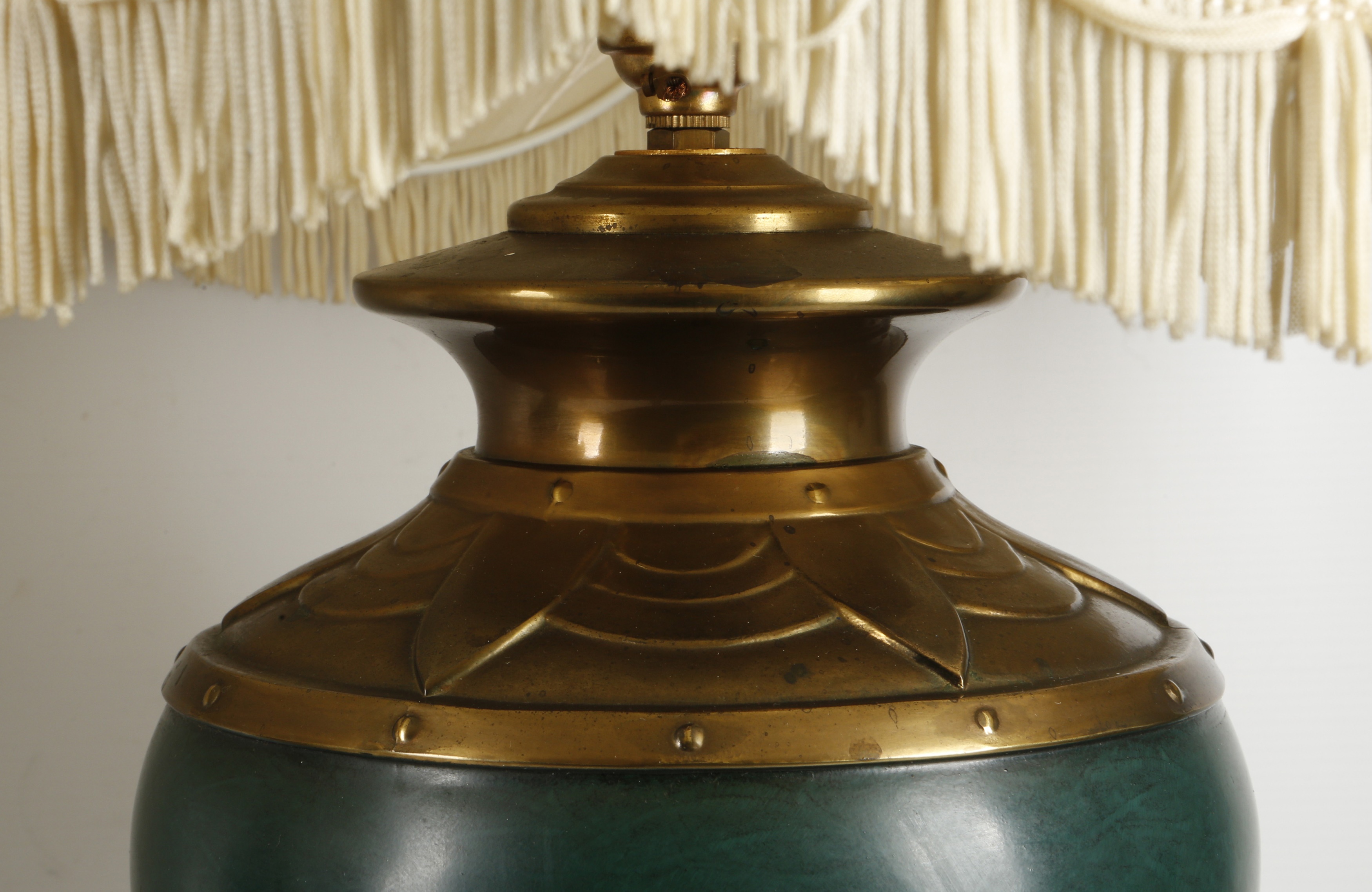 Lot 523 - A pair of table lamps, brass leaf collar