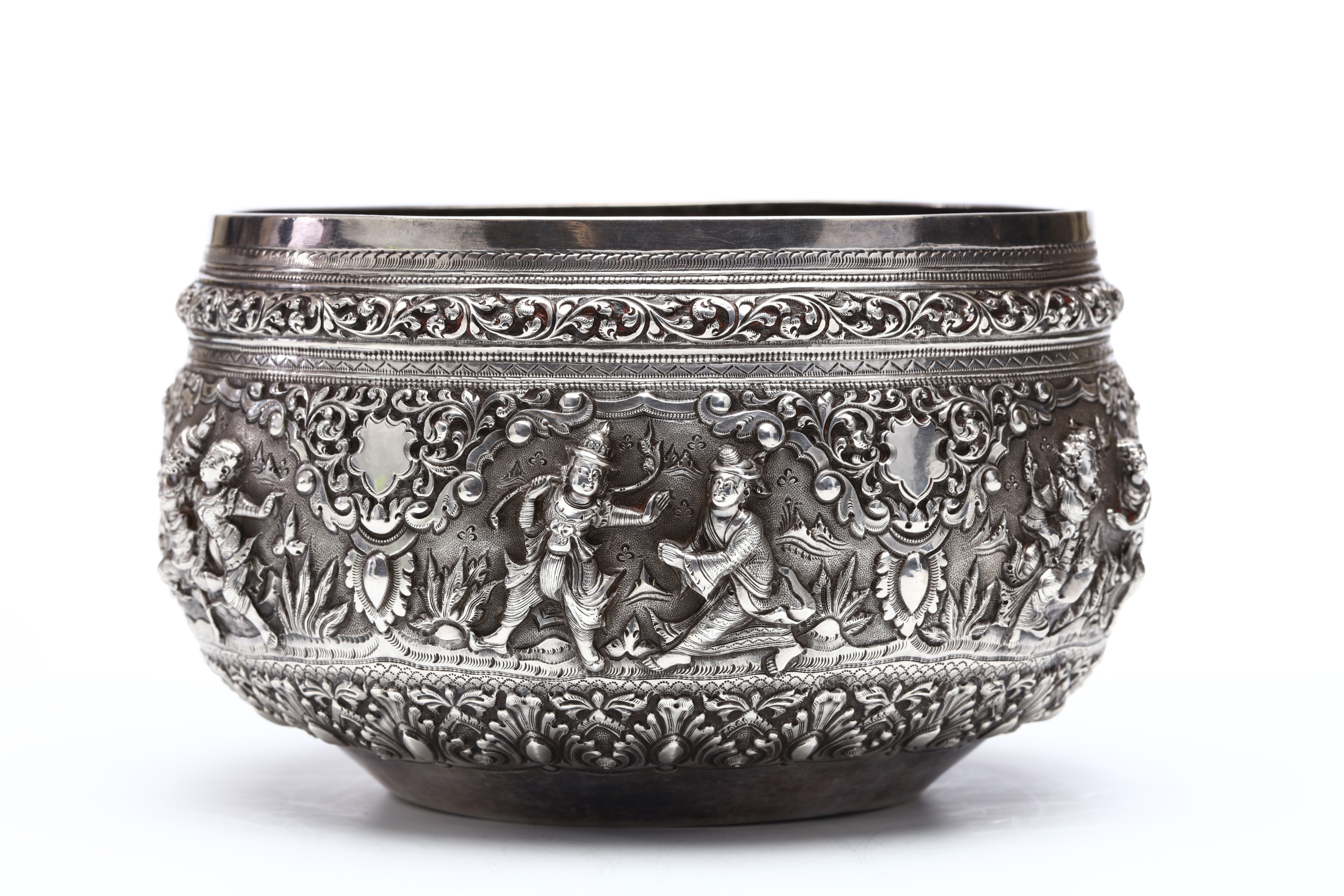 Lot 248 - A FINE BURMESE REPOusSE WORKED SILVER BOWL.