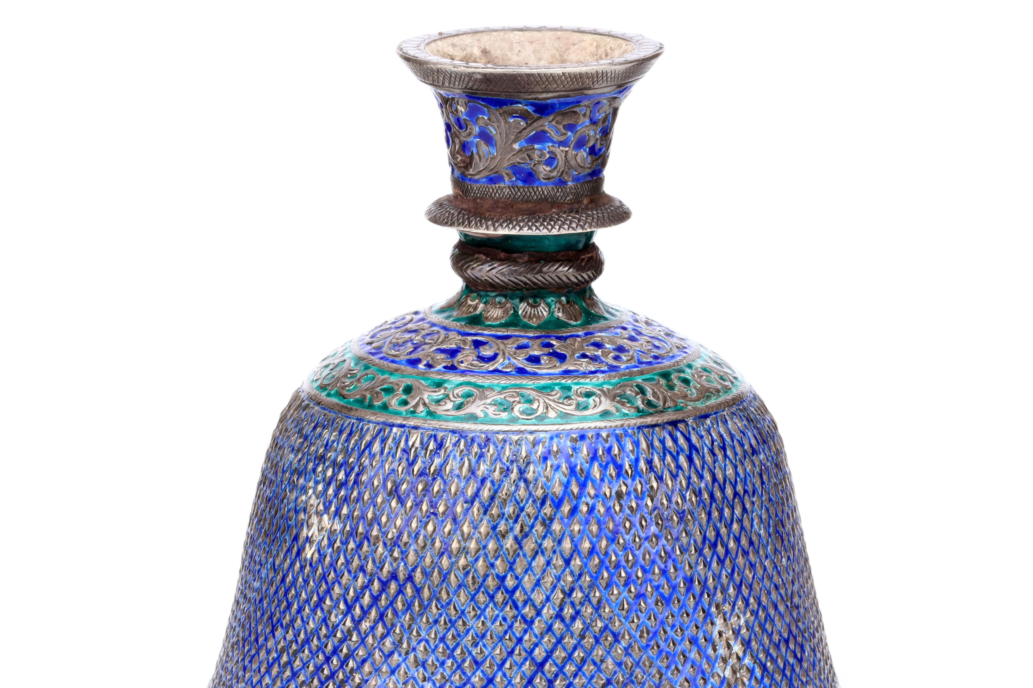 Lot 253 - A NORTH INDIAN ENAMELLED SILVER HUQQA BASE.