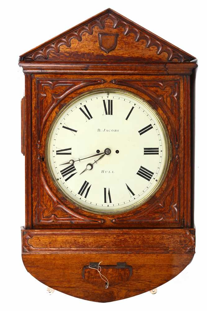 Lot 345 - A LARGE REGENCY OAK DOUBLE FUSEE WALL CLOCK