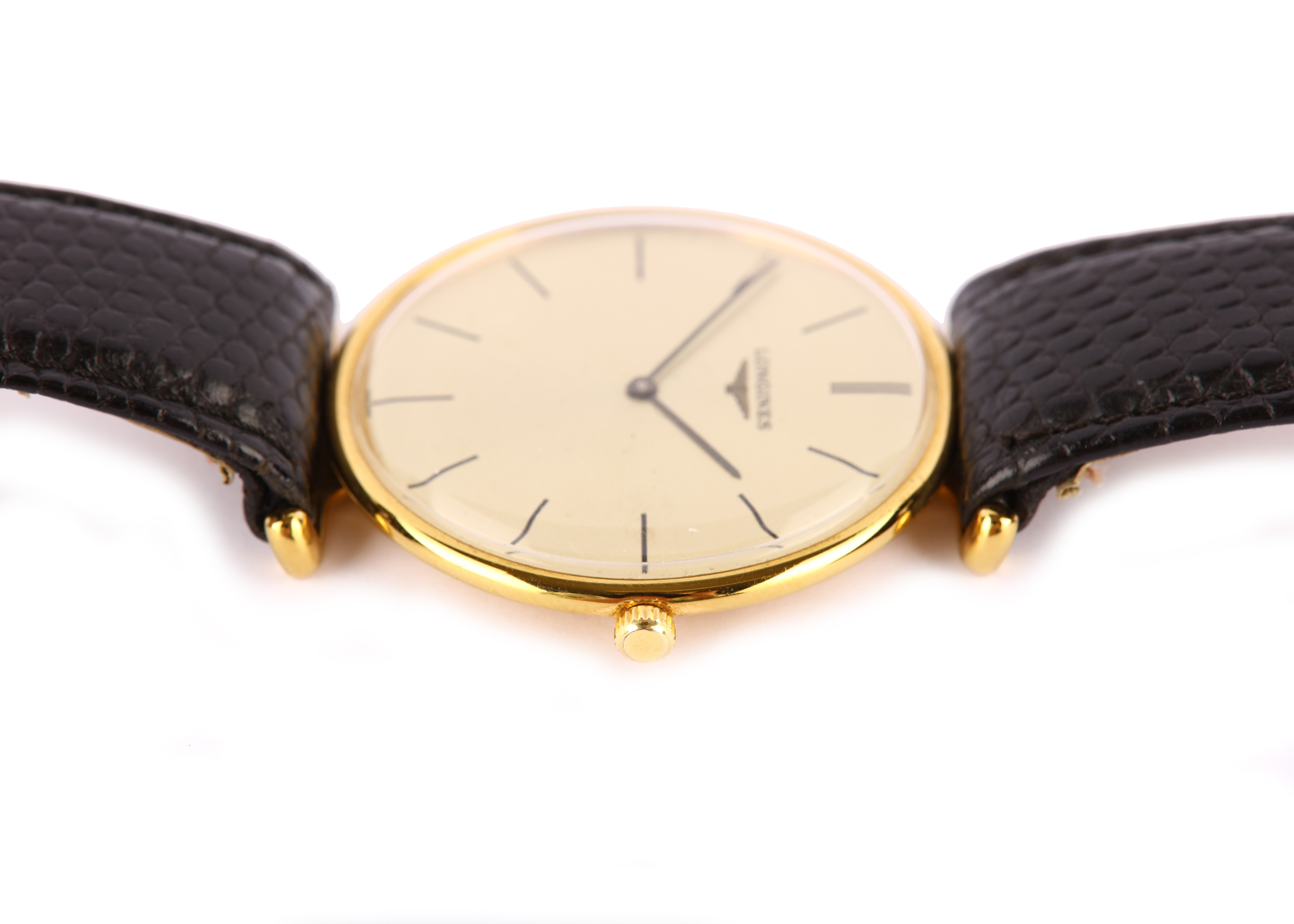 Lot 367 - LONGINES. A GOLD PLATED QUARTZ WRISTWATCH.