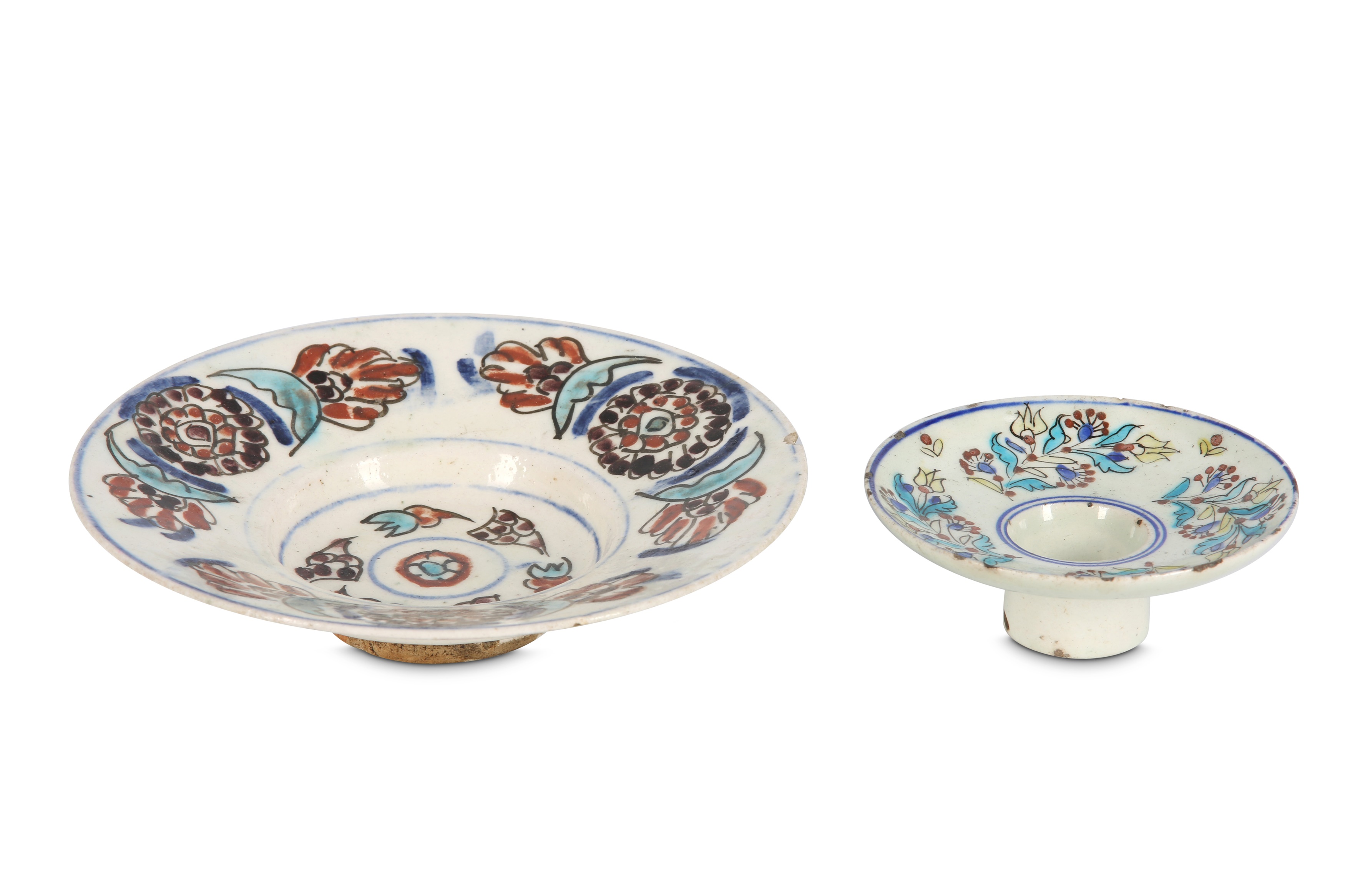 Lot 110 - A KUTAHYA POTTERY CUP HOLDER AND SMALL DISH