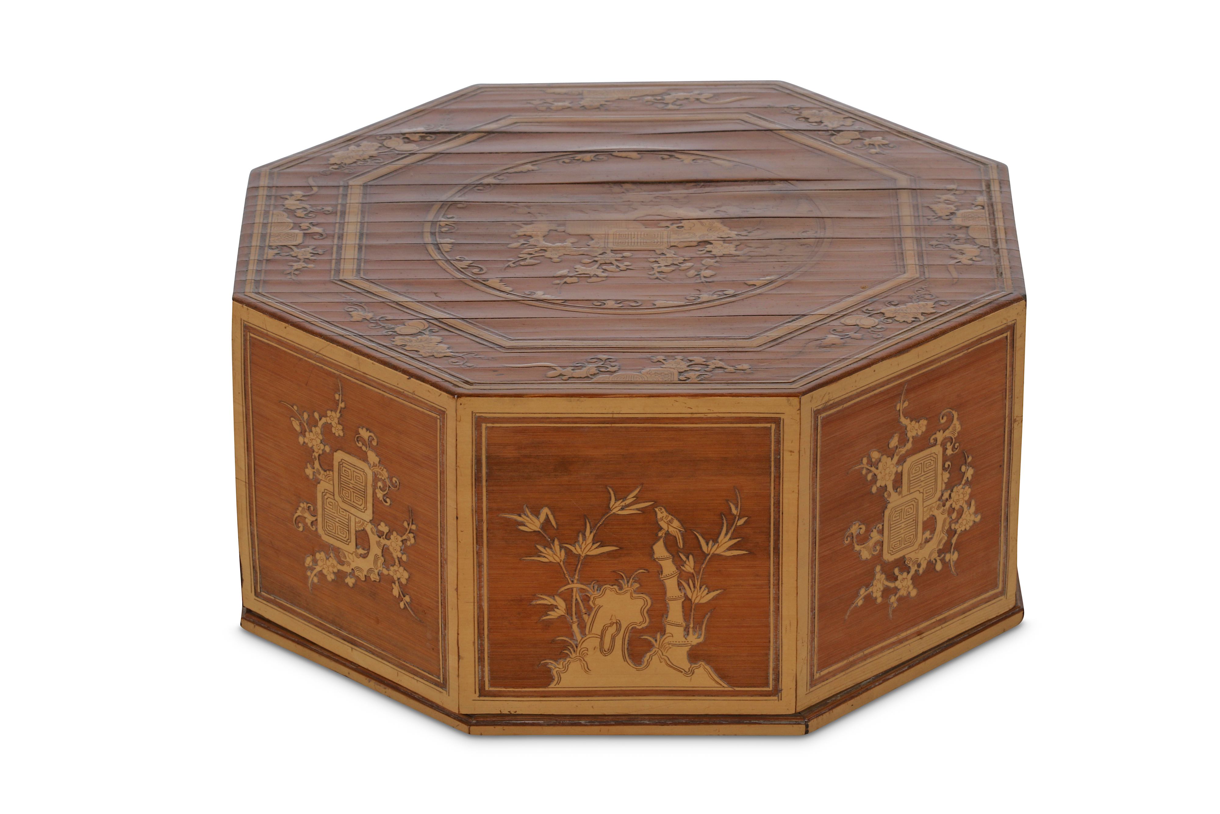 Lot 111 - A CHINESE OCTAGONAL BAMBOO-VENEER BOX. Late