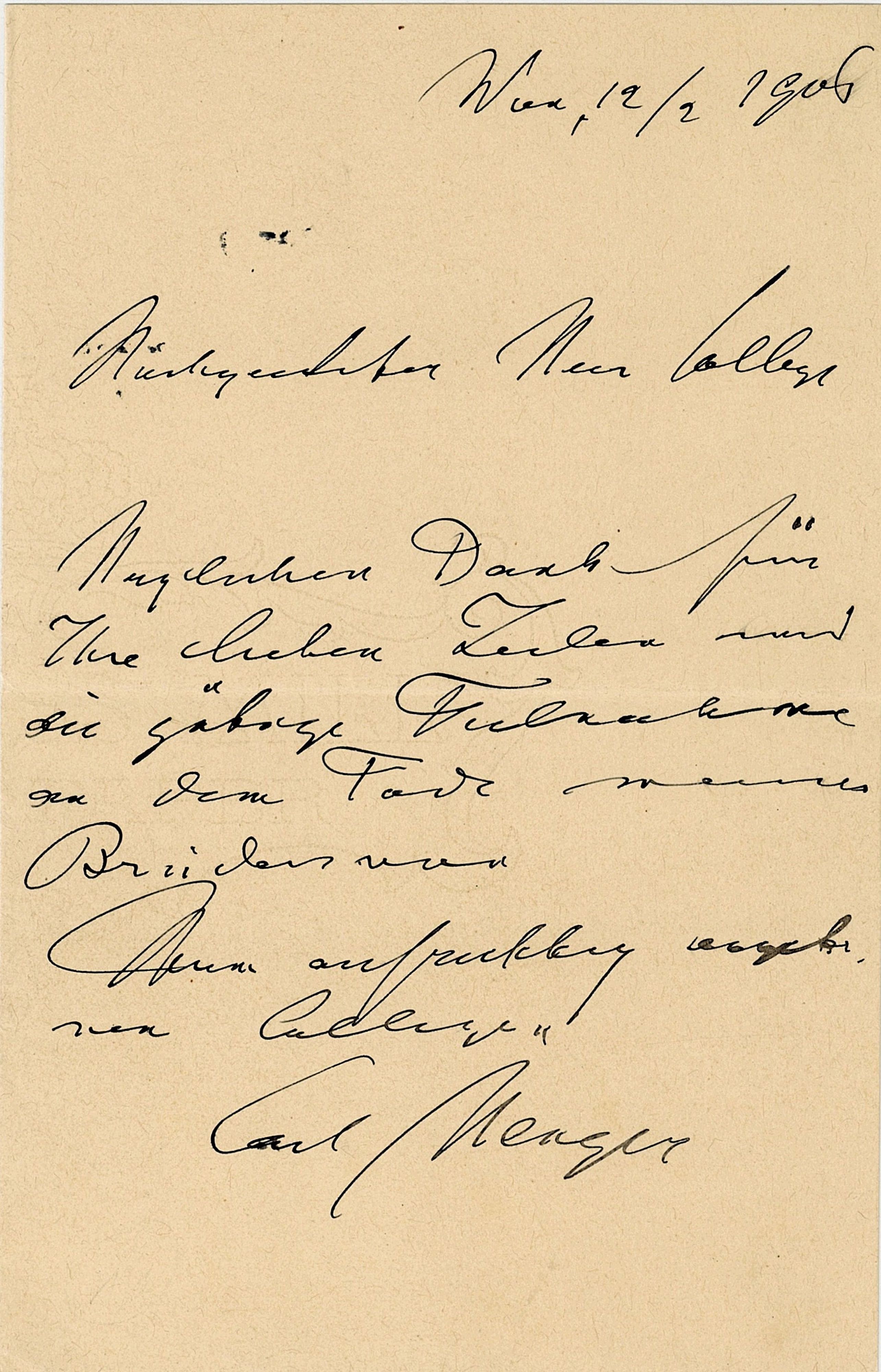 Lot 267 - Menger (Carl) Autograph letter signed (‘Carl