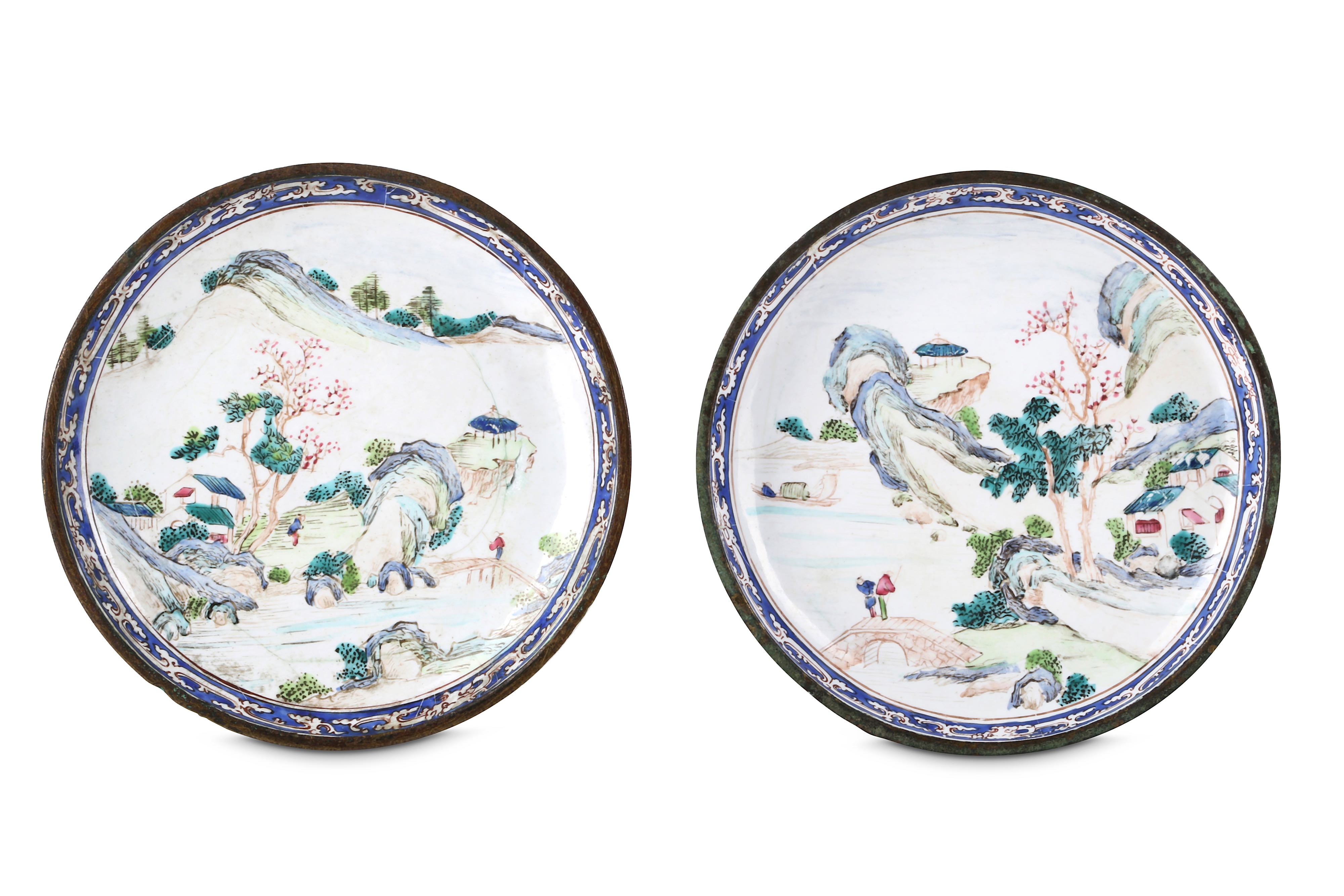 Lot 33 - A PAIR OF CHINESE CANTON ENAMEL 'LANDSCAPE'