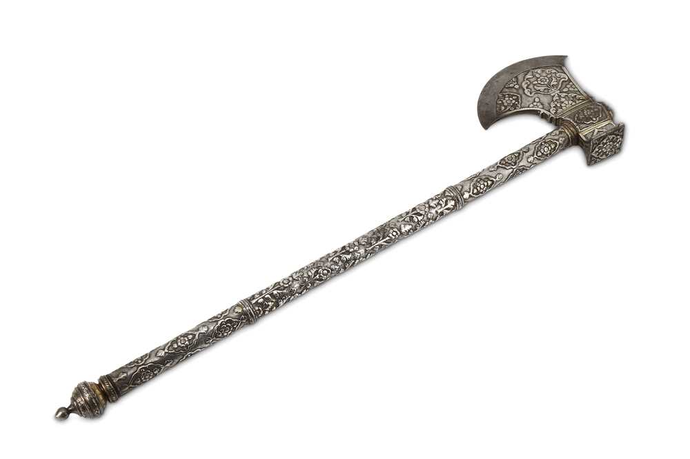 Lot 315 - A SIKH SILVER-FOILED SADDLE AXE (TABARZIN)