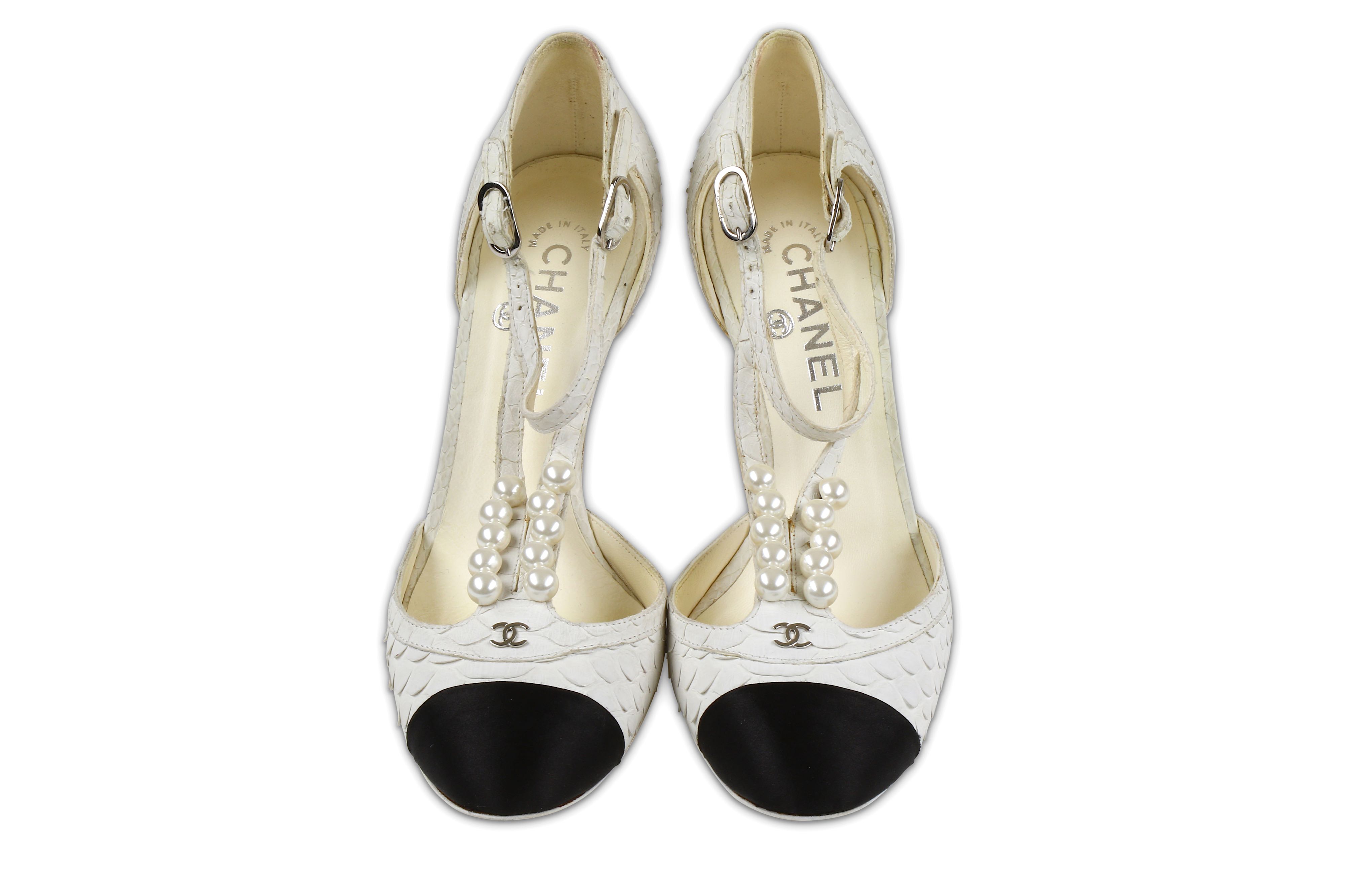 Lot 158 - Chanel Python and Pearl Mary Jane Heels, two